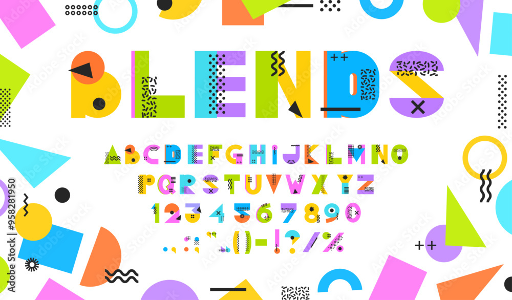 Geometric memphis font, vector typography alphabet type, english abc ... Geometric memphis font, vector typography alphabet type, english abc ...