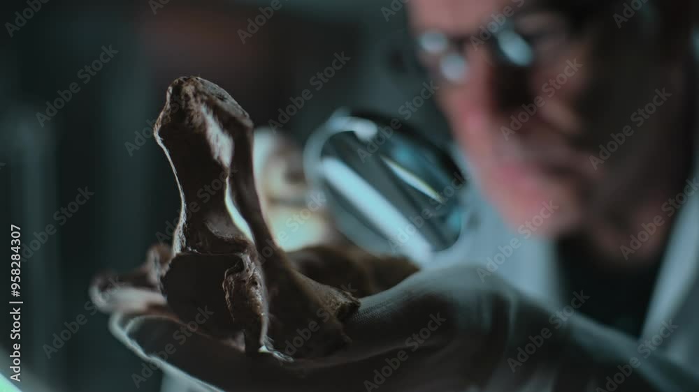 Senior archaeologist studies remains of prehistoric extinct animal or ...