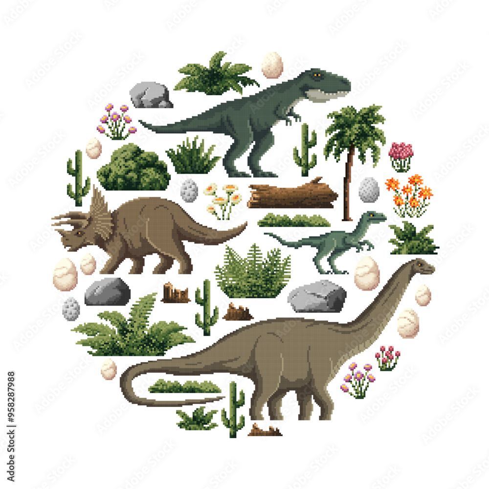 8 bit pixel art prehistoric dinosaurs, game asset in round shape ...
