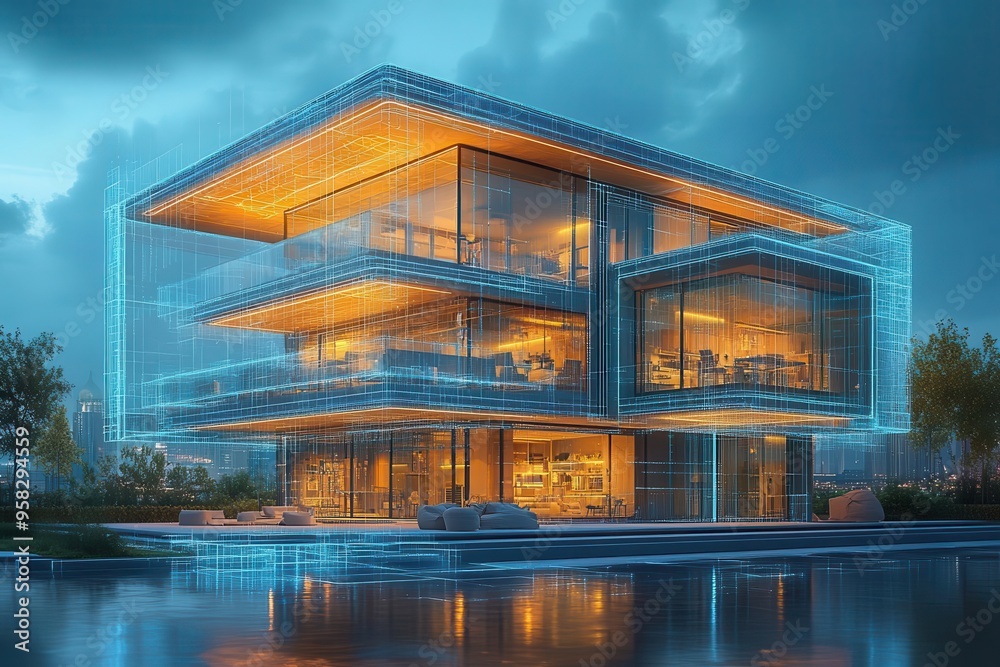 holographic architectural blueprint of a sustainable office building ...