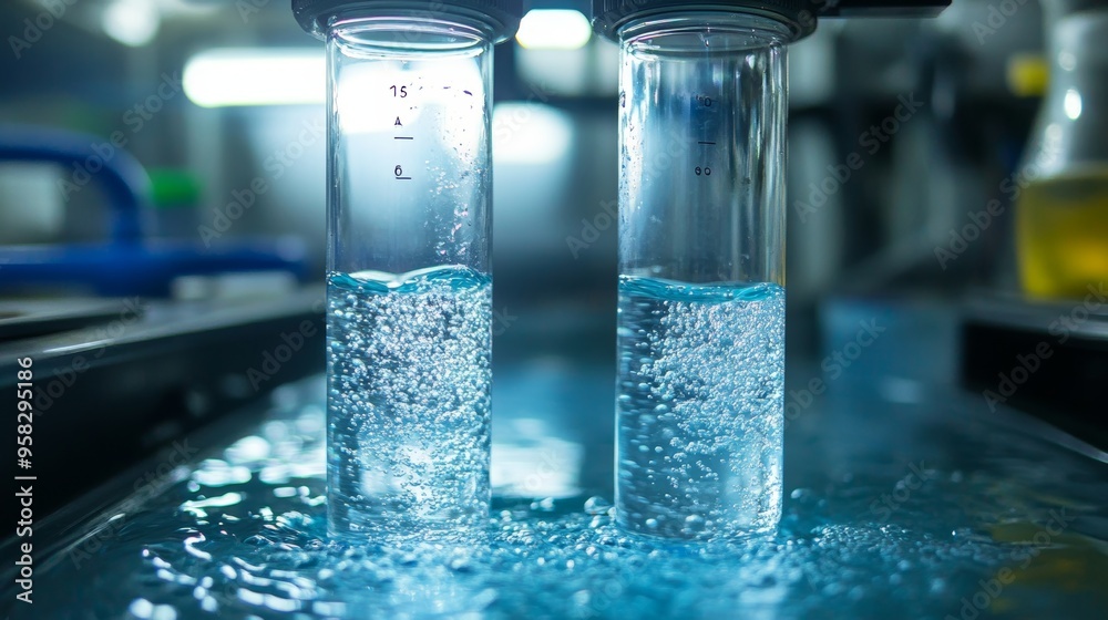 Fluid dynamics lab experiment with a high-tech water gauge, showing water flow in transparent ...