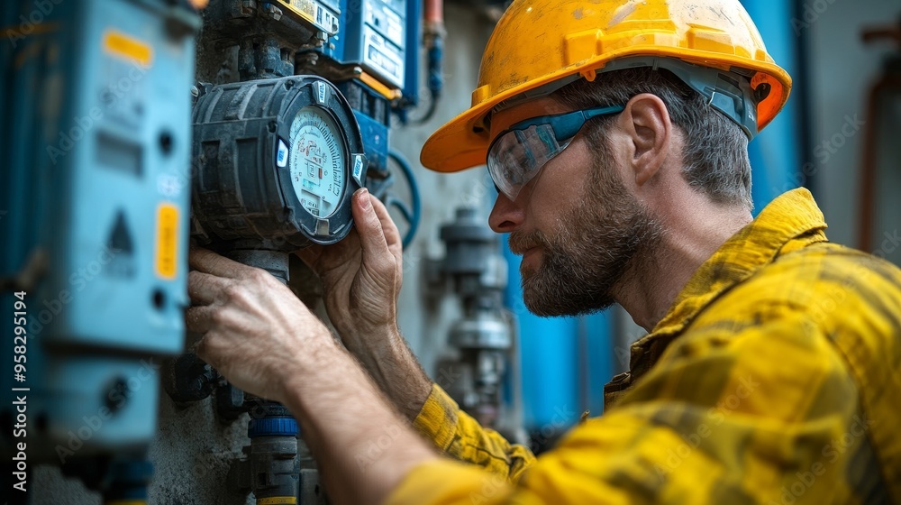 Final phase of water meter installation, the worker securing the meter ...
