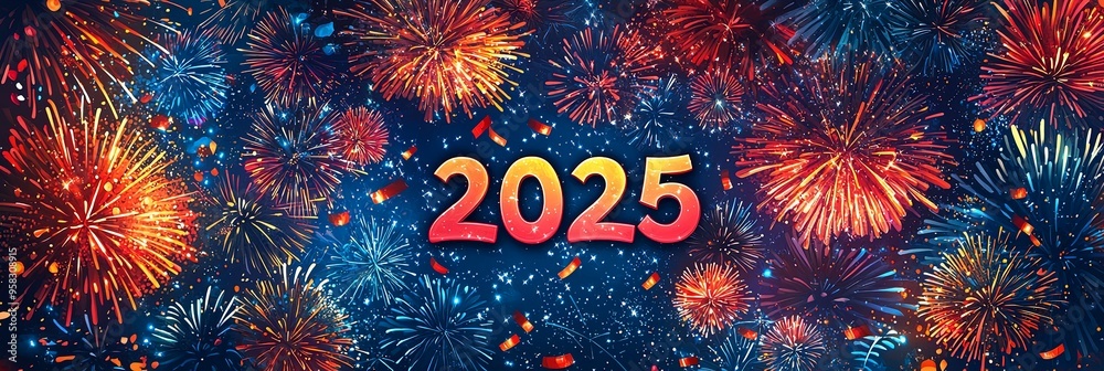 Dynamic red and blue fireworks burst in the night sky, marking the ...