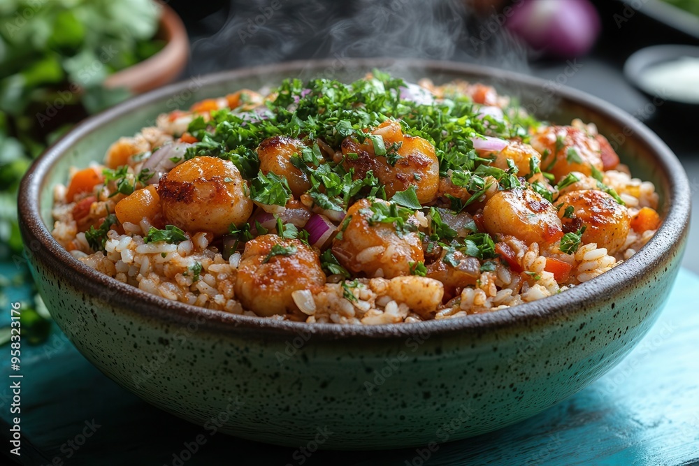 rustic green ceramic bowl filled with steaming jambalaya nestled on ...