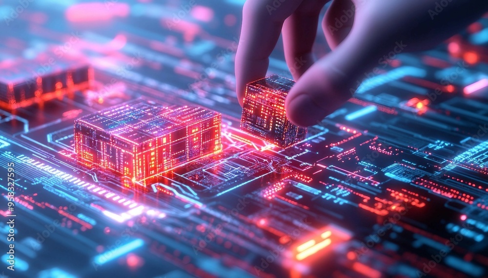 a digital engineer is rebuilding lost data blocks. holographic blocks ...