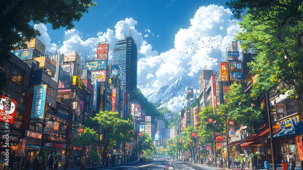 Detailed anime representation of a Japanese city, featuring a bright ...