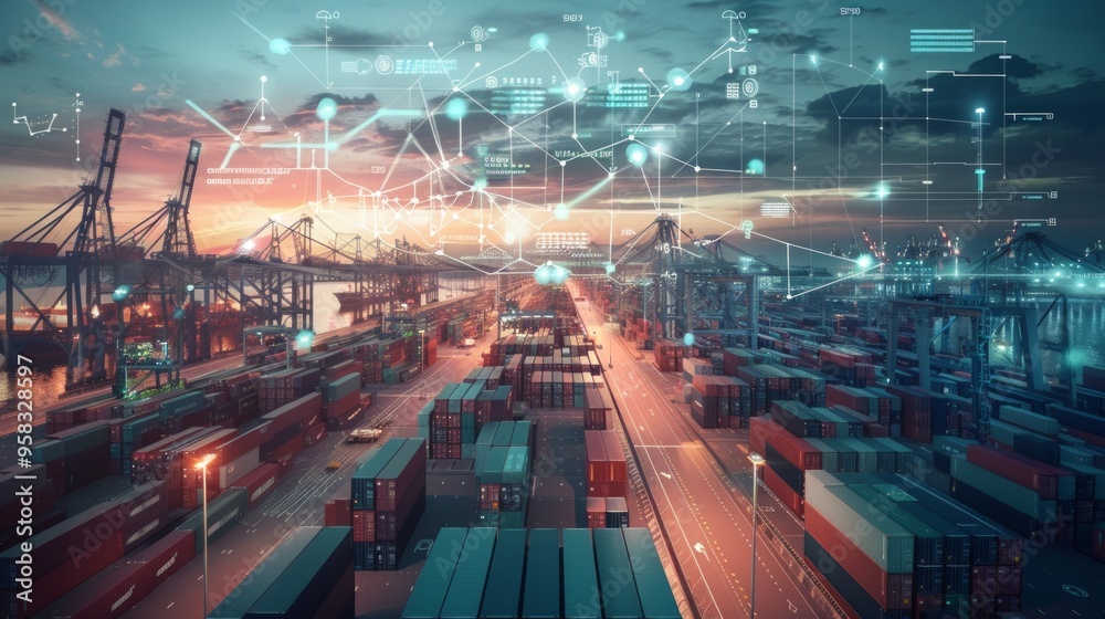 Image shows busy industrial port at dusk, containers stacked under ...