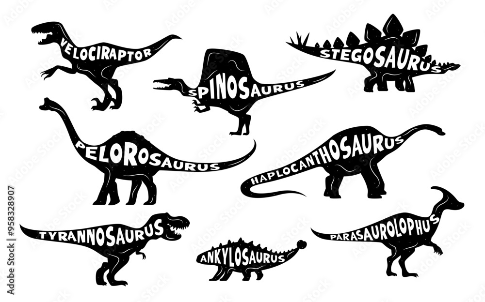 Dinosaurs silhouettes with lettering dino names of Jurassic era lizards ...