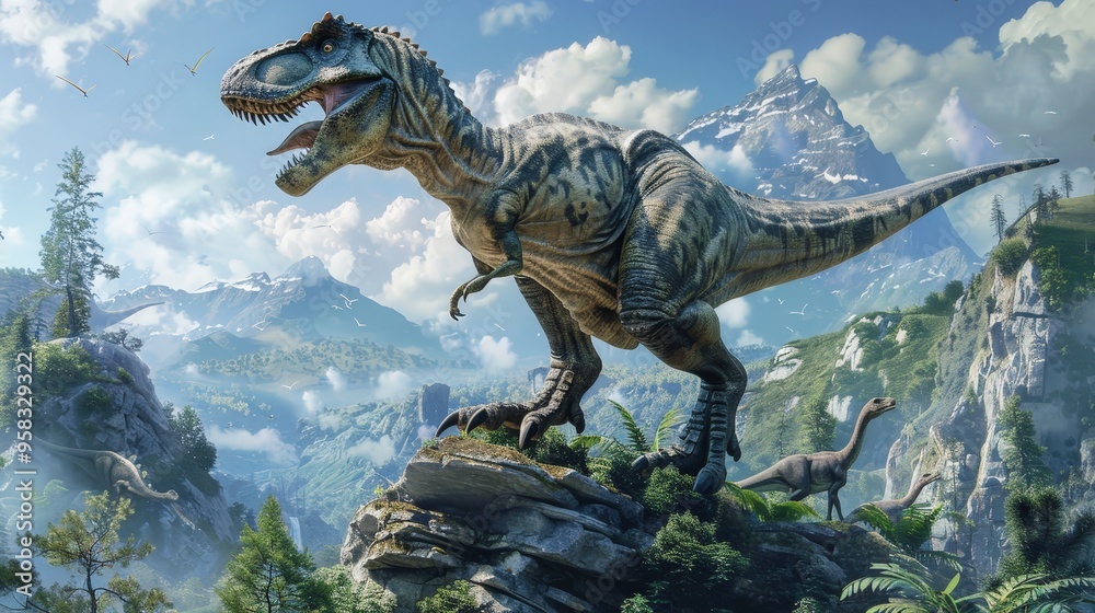 prehistoric scene where the powerful Tyrannosaurus Rex stands atop a ...