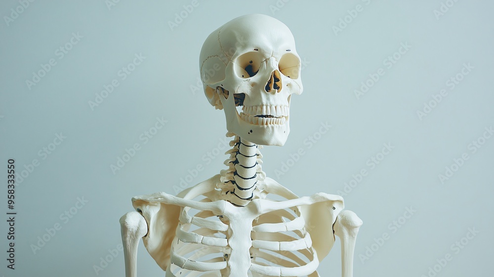 Artificial human skeleton model with a mouth open, standing against a ...