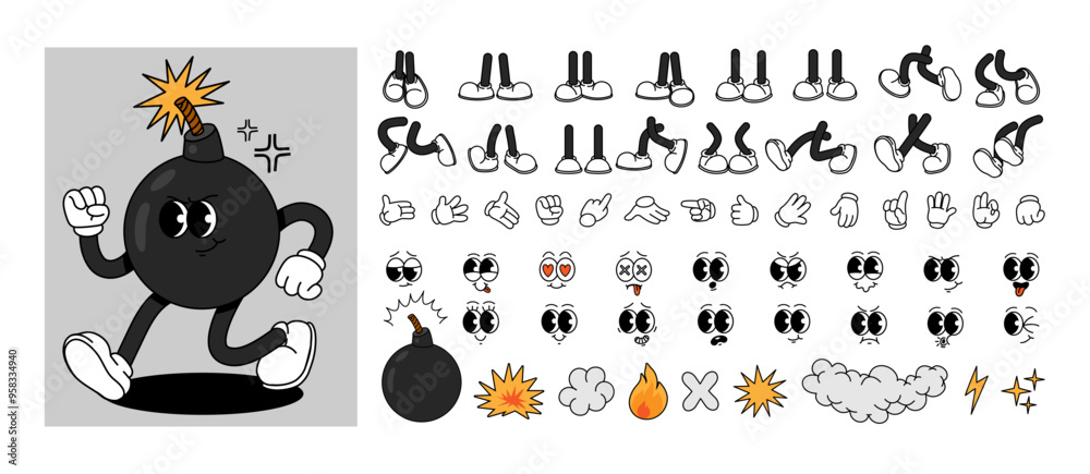 Character bomb. Cartoon retro bombs mascot with expression faces, legs ...