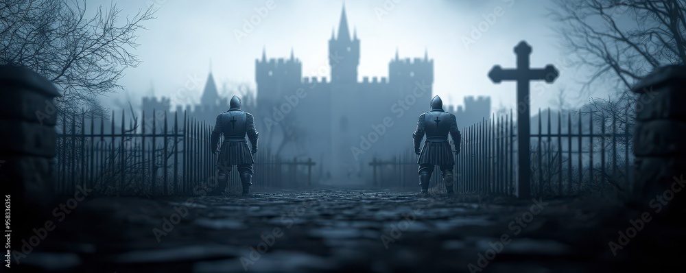 Medieval knights in haunted armor standing guard over a dark, eerie ...