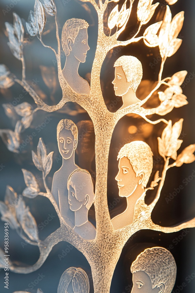Backlit etched glass family tree, symbolizing heritage, lineage, and ...