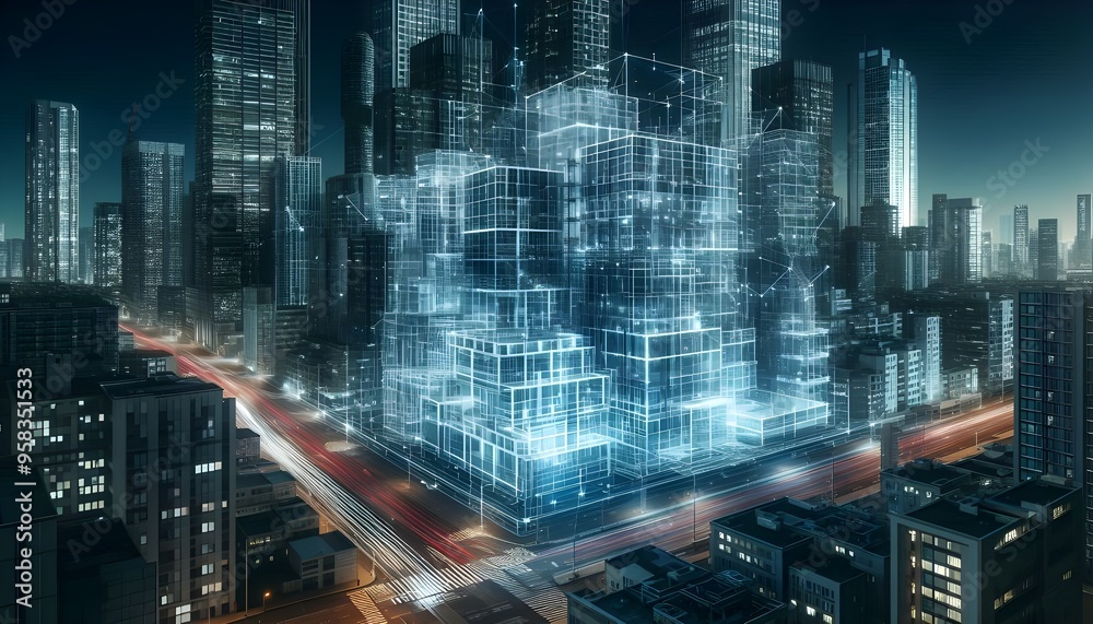 Futuristic Architectural Design Projection Overlay on City Block Under ...