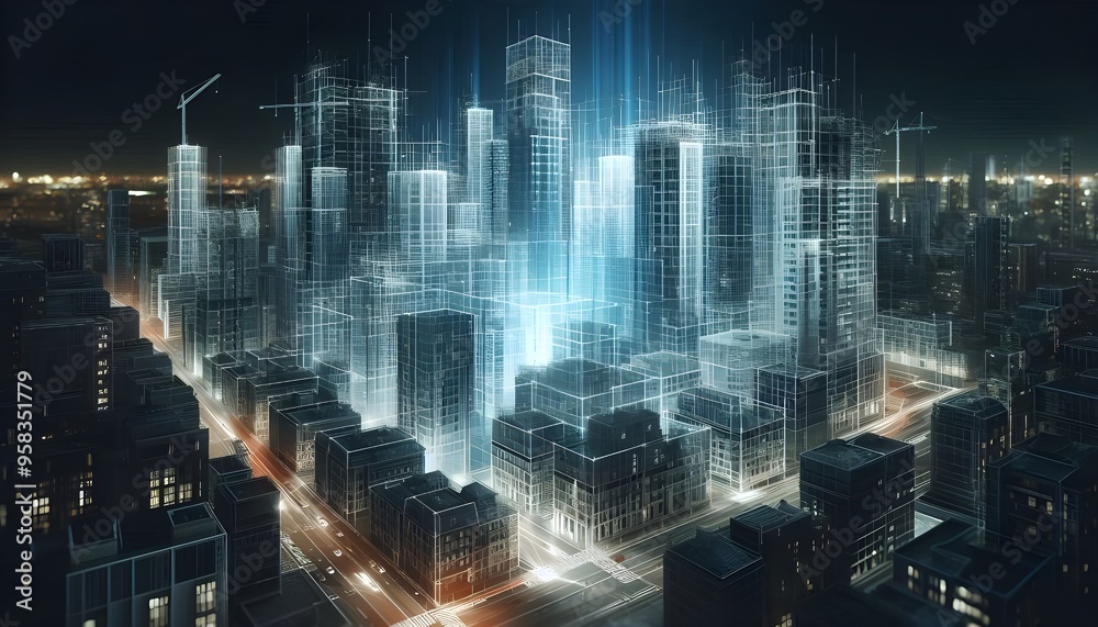 Futuristic Architectural Design Projection Overlay on City Block Under ...