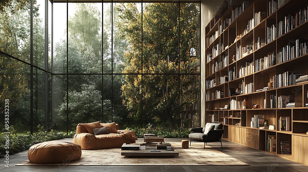Loft living room with a luxurious library design, featuring a floor-to ...
