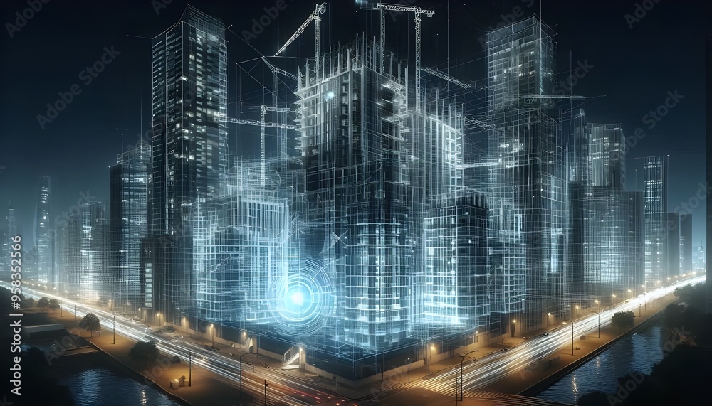 Futuristic Architectural Design Projection Overlay on City Block Under ...