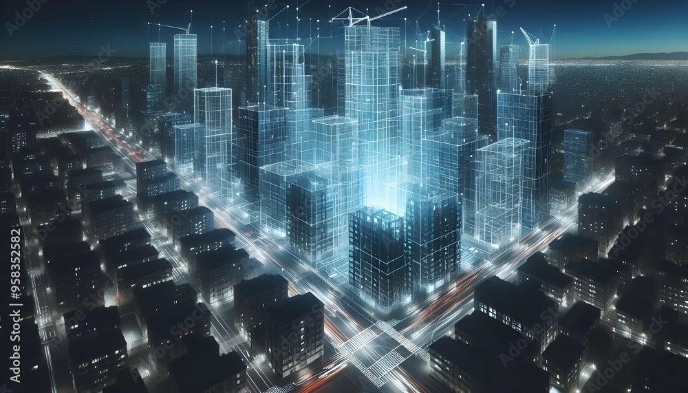 Futuristic Architectural Design Projection Overlay on City Block Under ...