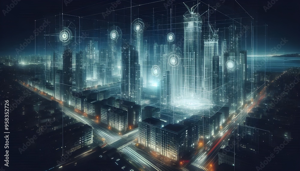 Futuristic Architectural Design Projection Overlay on City Block Under ...