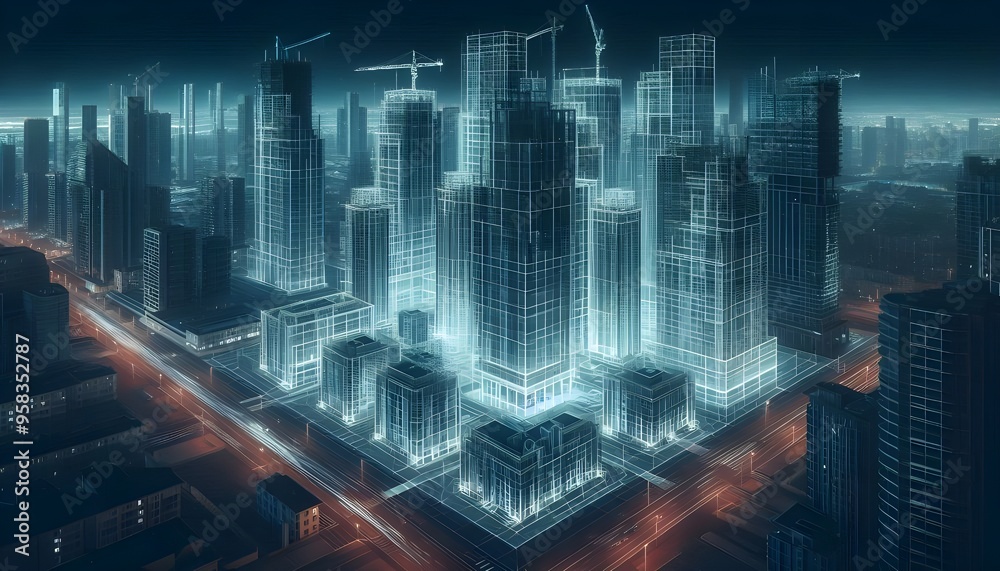 Futuristic Architectural Design Projection Overlay on City Block Under ...