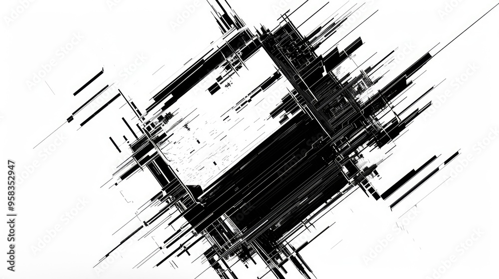 Picture of complex square shape cube in a monochrome glitch sketch ...