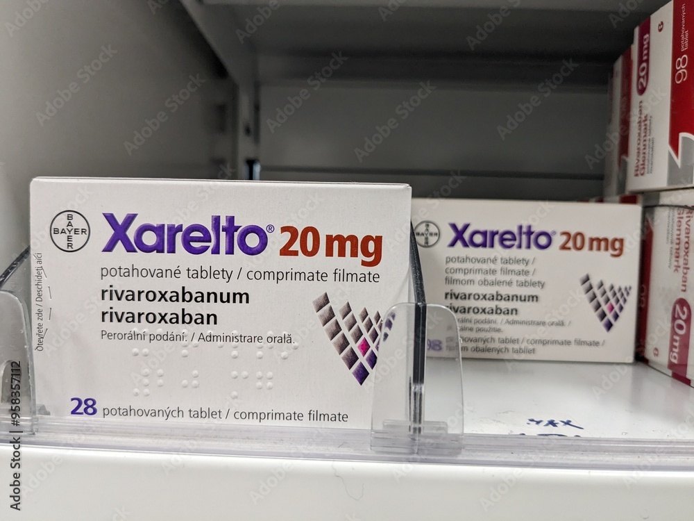 Prague, Czech Republic - August 28 2024: XARELTO box with RIVAROXABAN ...