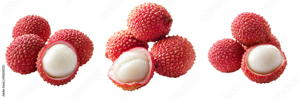 set of A few fresh and plump lychees, with the top one open to reveal ...