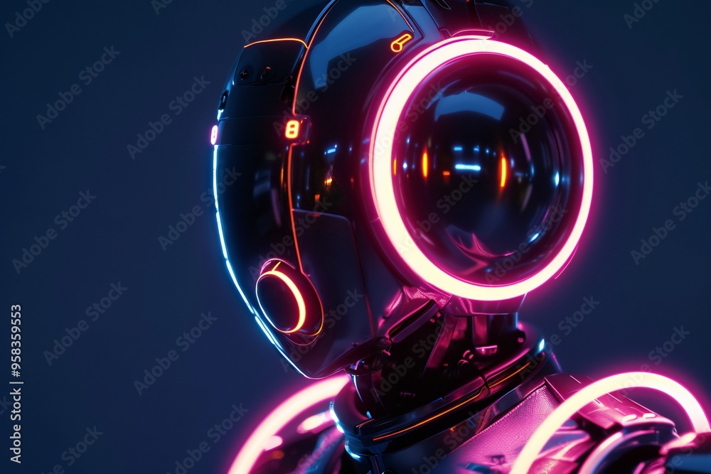 Cyberpunk robot wearing glowing rings, performing a high-tech heist, 3D ...
