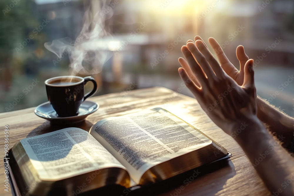 Praying Hands with Open Bible and Coffee at a cafe - [16:9 ratio ...