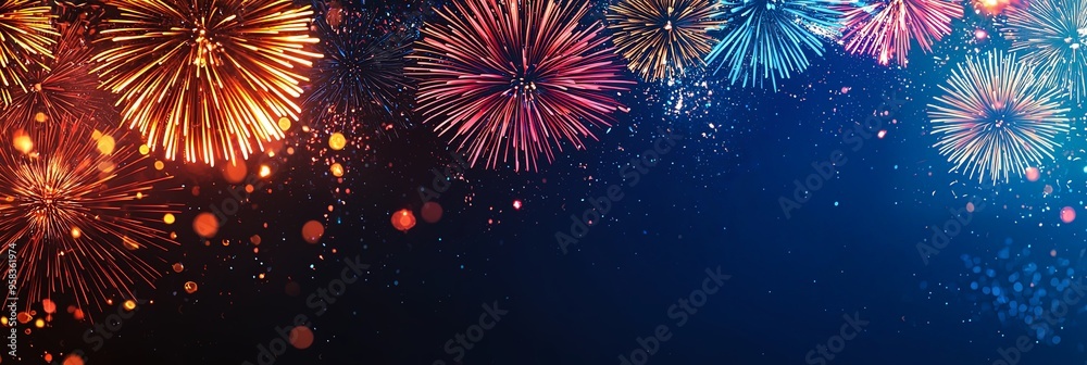 An array of fireworks bursting with a myriad of colors in a dark sky ...