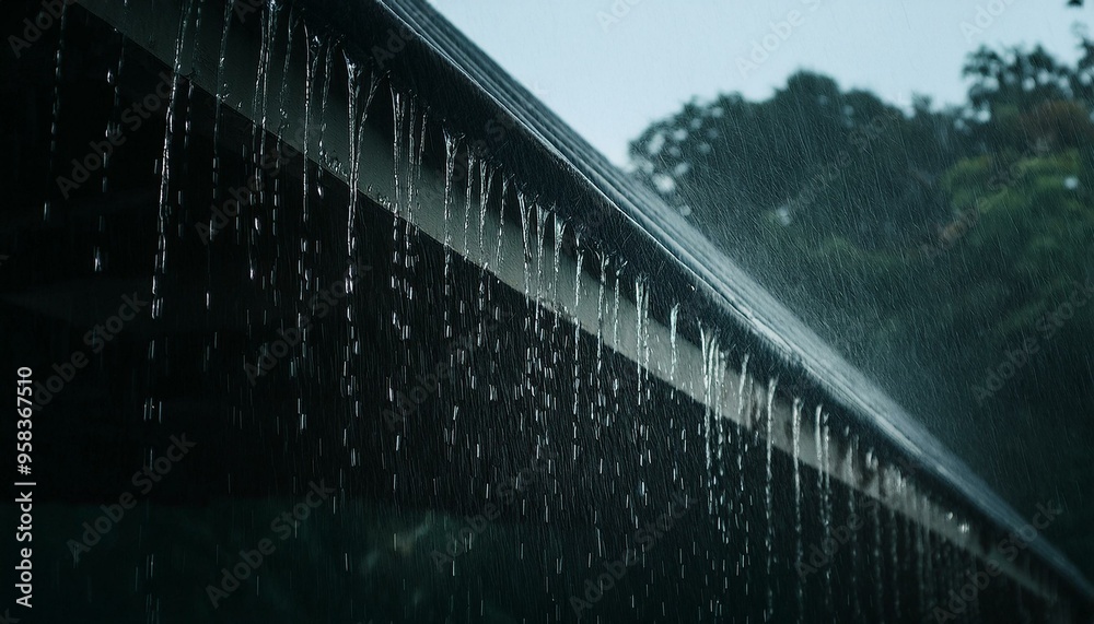 bridge over the river, the roof of the house, Closeup of the rain ...