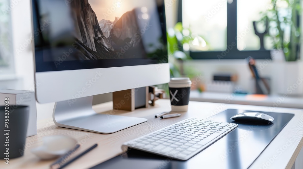 Show a stylish office setup with a computer, including a large monitor ...
