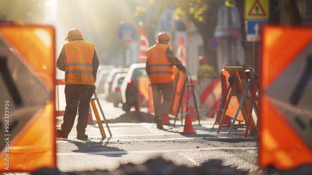 Show road workers setting up a temporary pedestrian crossing near a ...
