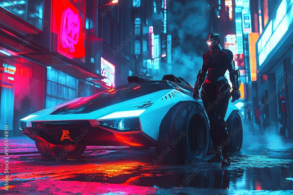 Person with Bionic Arms Standing Beside Futuristic Amphibious Vehicle ...