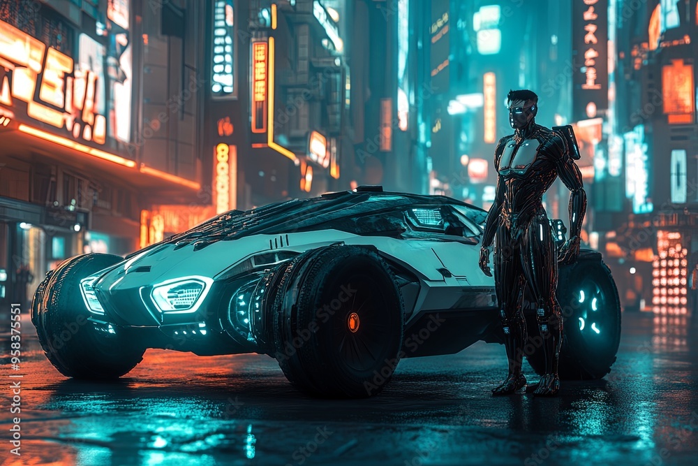 Person with Bionic Arms Standing Beside Futuristic Amphibious Vehicle ...