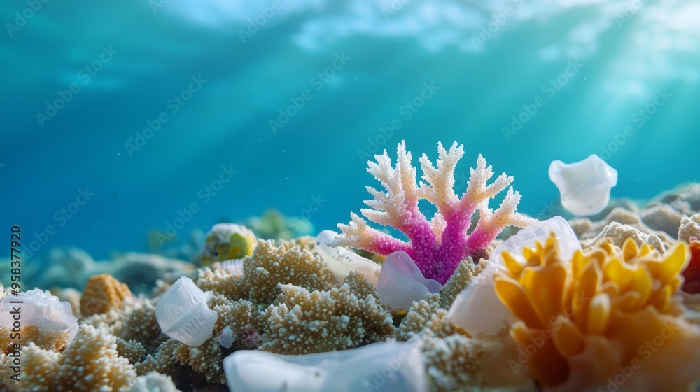 Coral polyps struggling to survive in a reef affected by microplastic ...