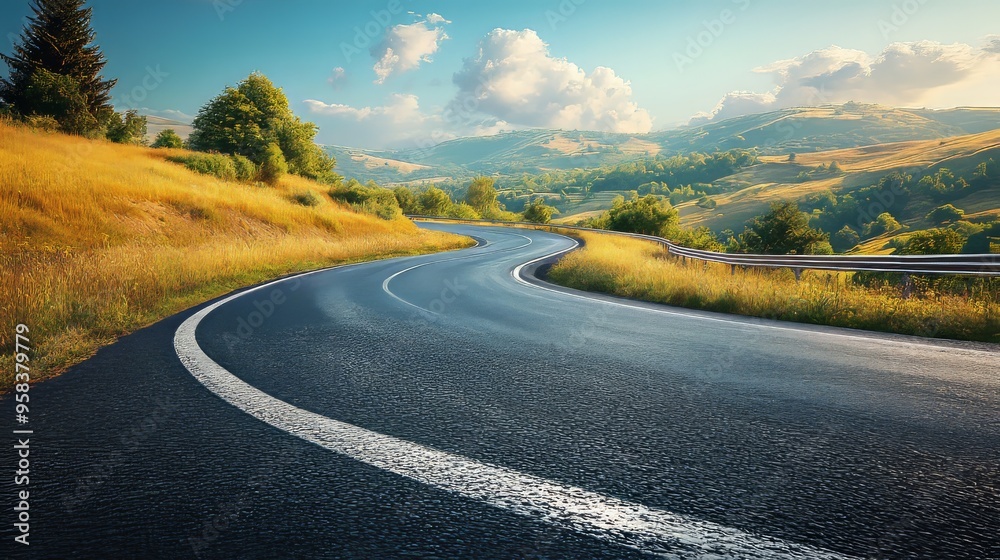 A winding road cuts through a beautiful landscape with chrome ...