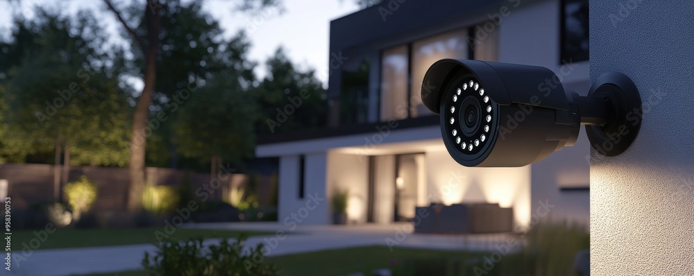 Smart security camera monitoring modern home exterior with night vision ...