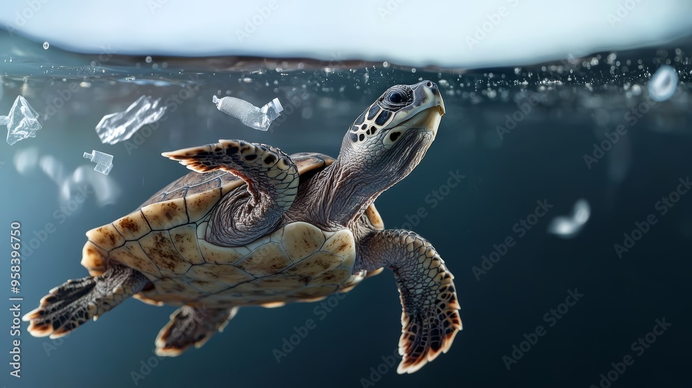 Freshwater turtle swimming in a pond with microplastics suspended in ...