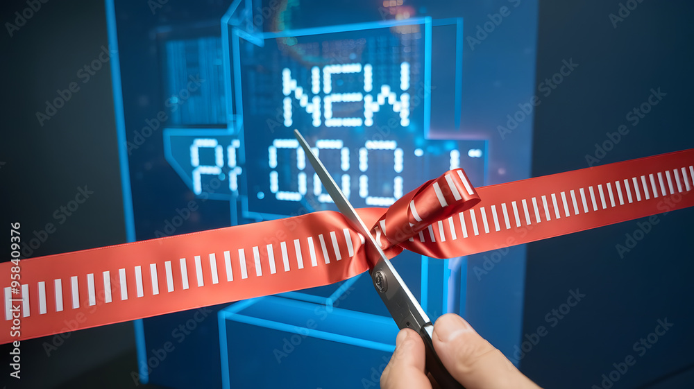 Product Launch: A digital ribbon being cut in front of a new product ...