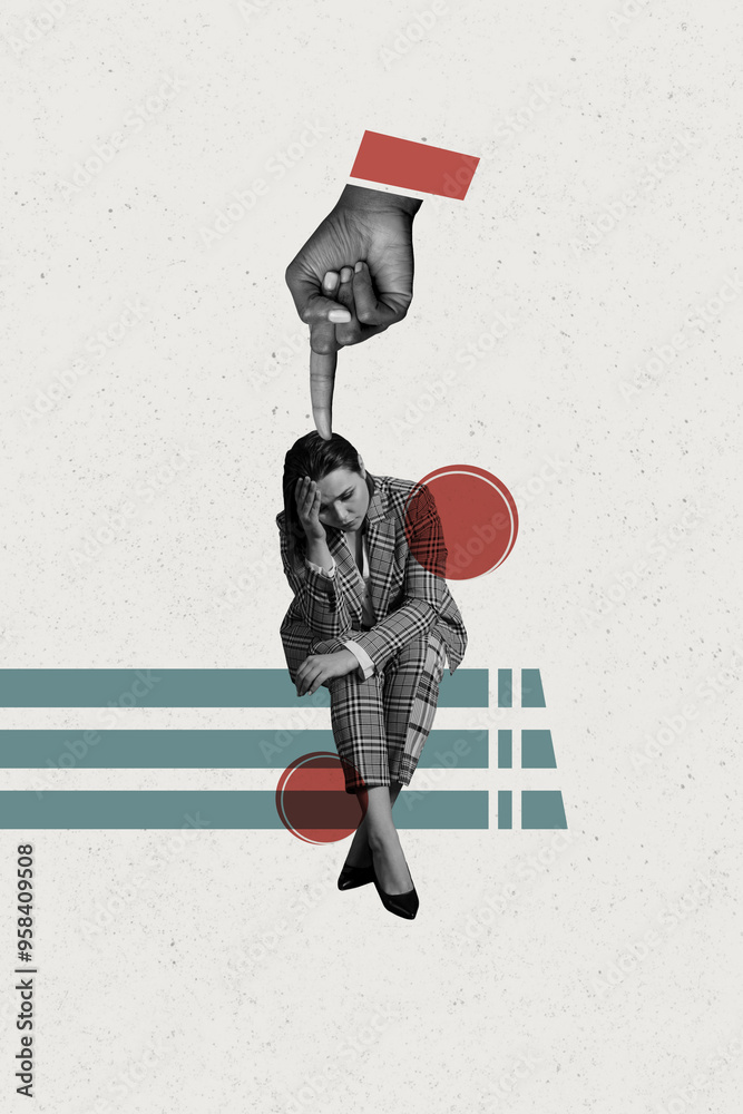 Vertical collage young businesswoman hand arm body fragment pointing ...