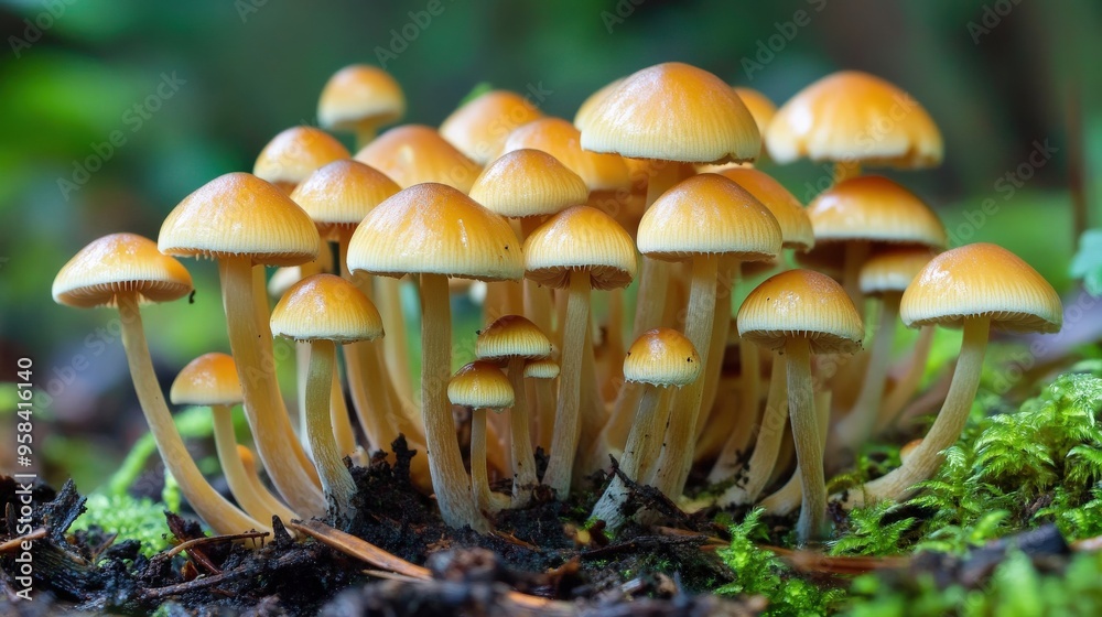 A cluster of mushrooms sprouting from the forest floor, showing the ...
