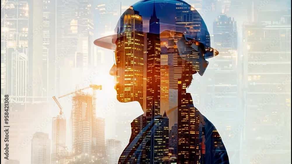 Future building construction project concept with double exposure ...