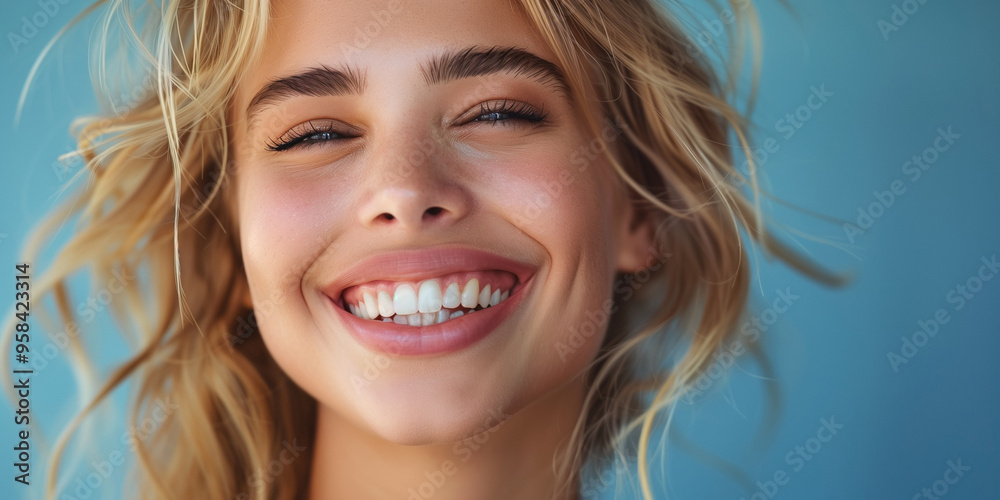 Smiling cute girl with beautiful teeth. Concept poster background. Snow ...