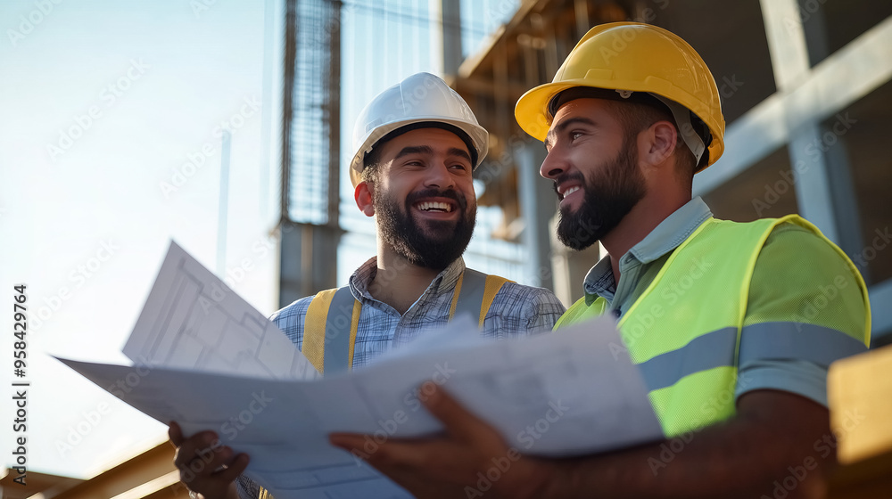A side view of a happy housing project manager and a construction ...