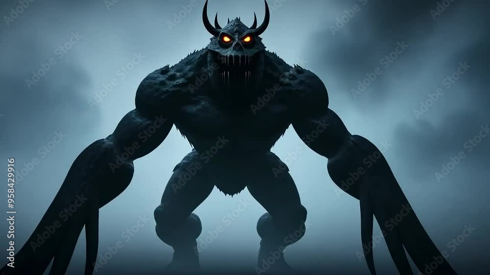 A giant monster with glowing eyes is revealed as the camera pulls away ...