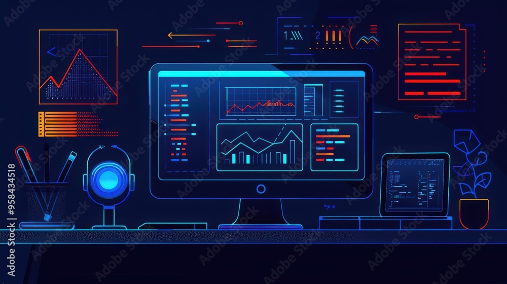 A workspace featuring a computer screen with code analysis tools and ...