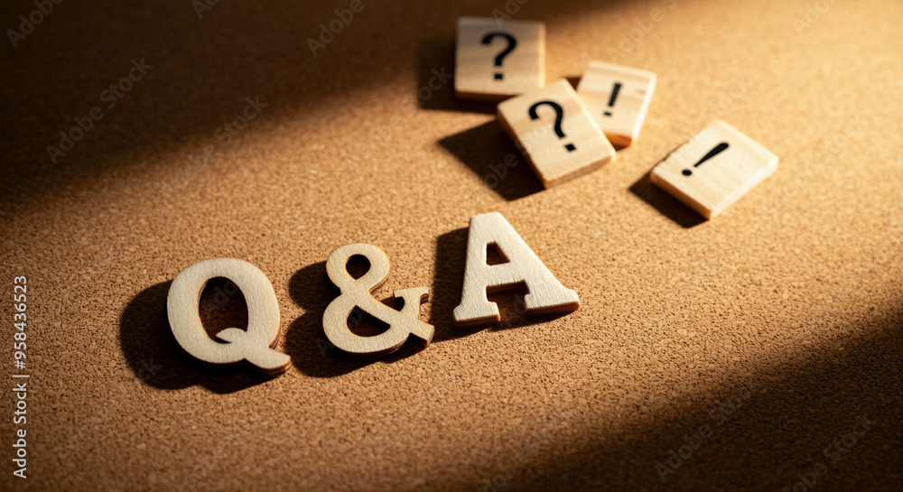 Letters and symbols Q&A graphic with wooden blocks and question marks ...