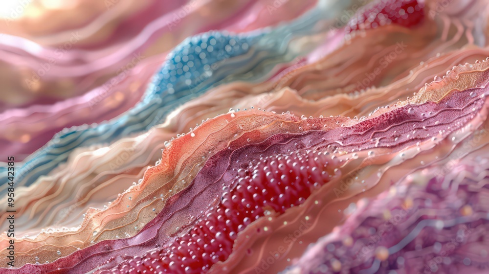 Close-up view of the human skin, depicting the epidermis, dermis, and ...