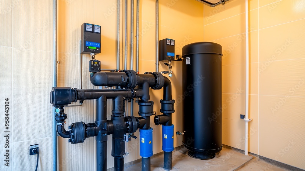 Industrial plumbing system with valves and tanks, showcasing modern ...